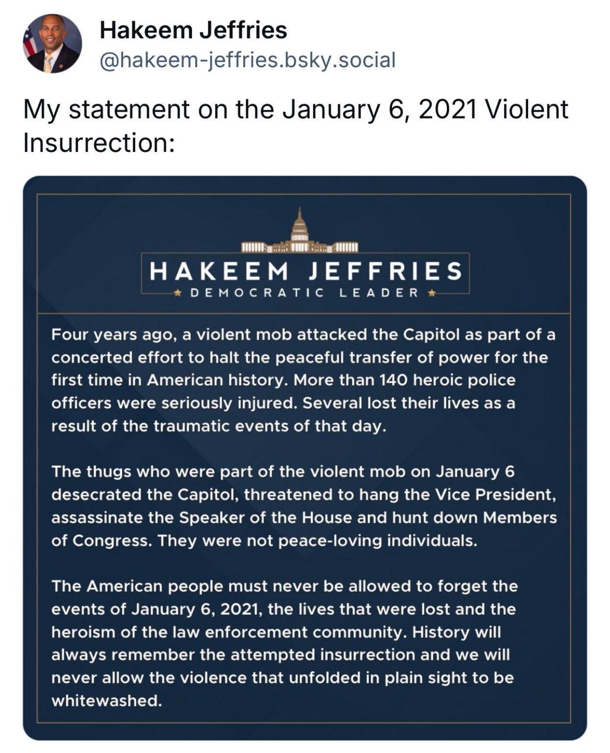 Leader Jeffries Statement Marking Four Years Since The January 6 Attack